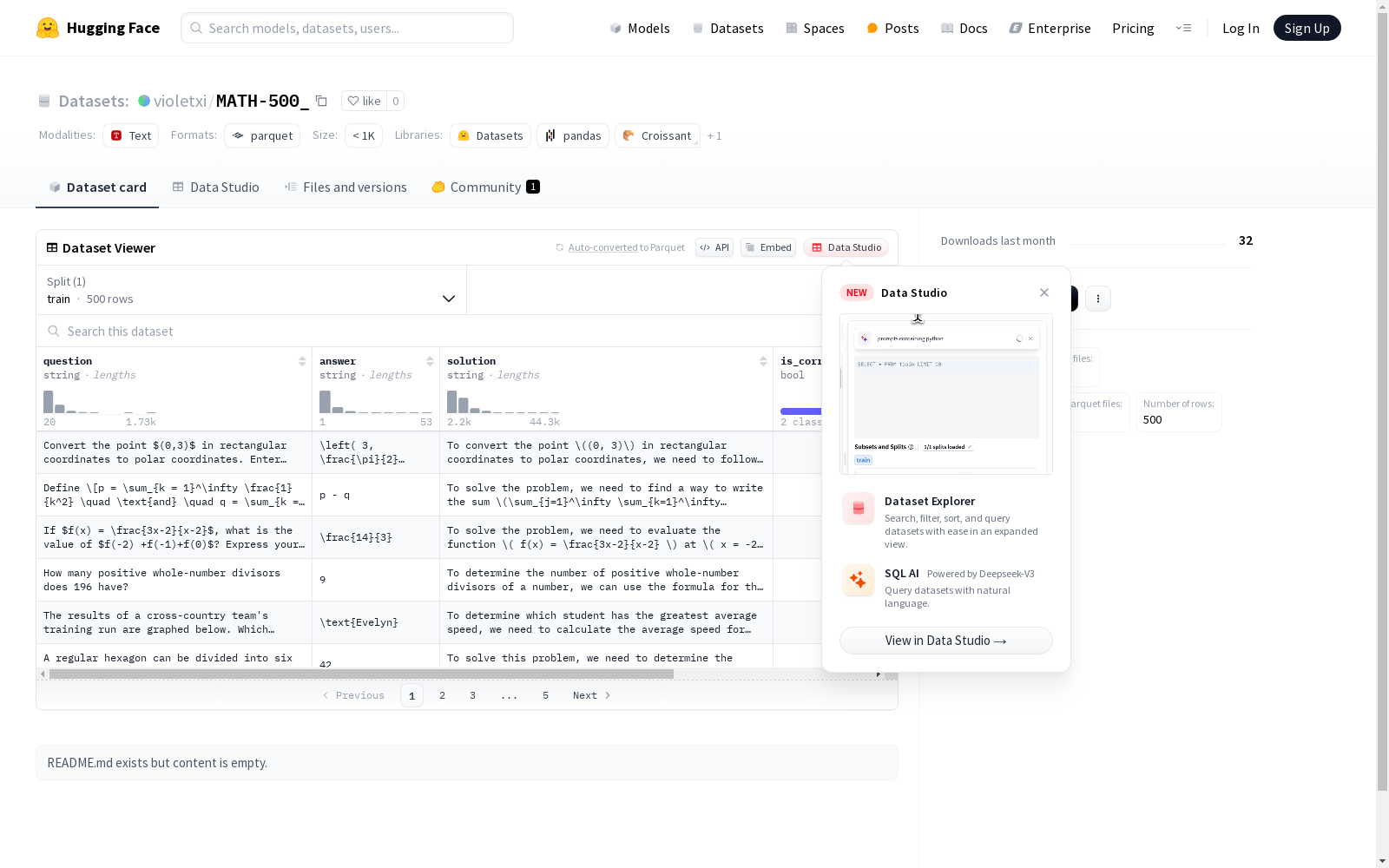 发布 MATH-500_ 数据集, 应用在 数学问答、对话系统训练 领域