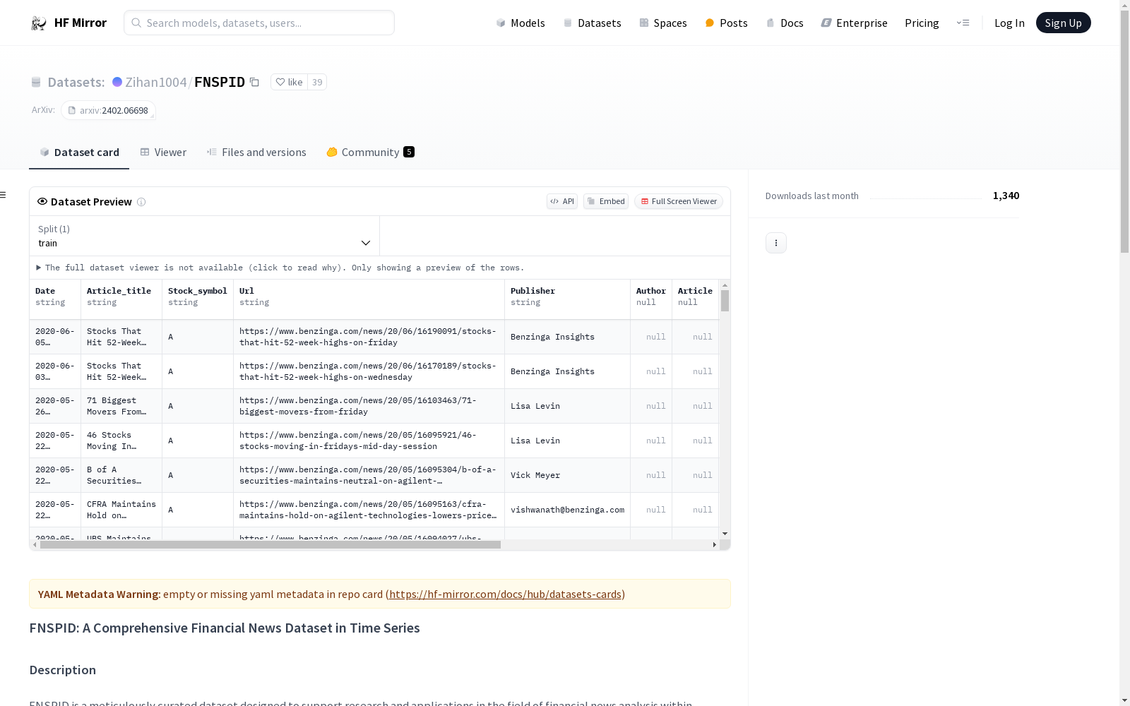 Zihan1004/FNSPID|金融新闻分析数据集|时间序列预测数据集
