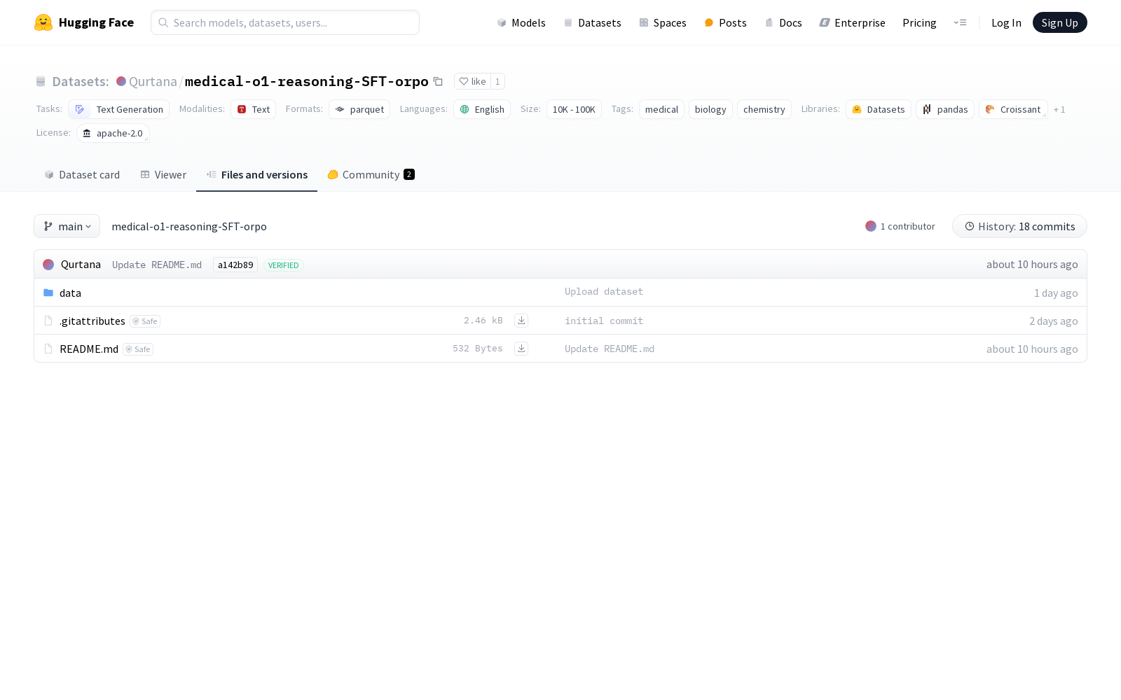 发布 medical-o1-reasoning-SFT-orpo 数据集, 应用在 医学文本生成、自然语言处理 领域