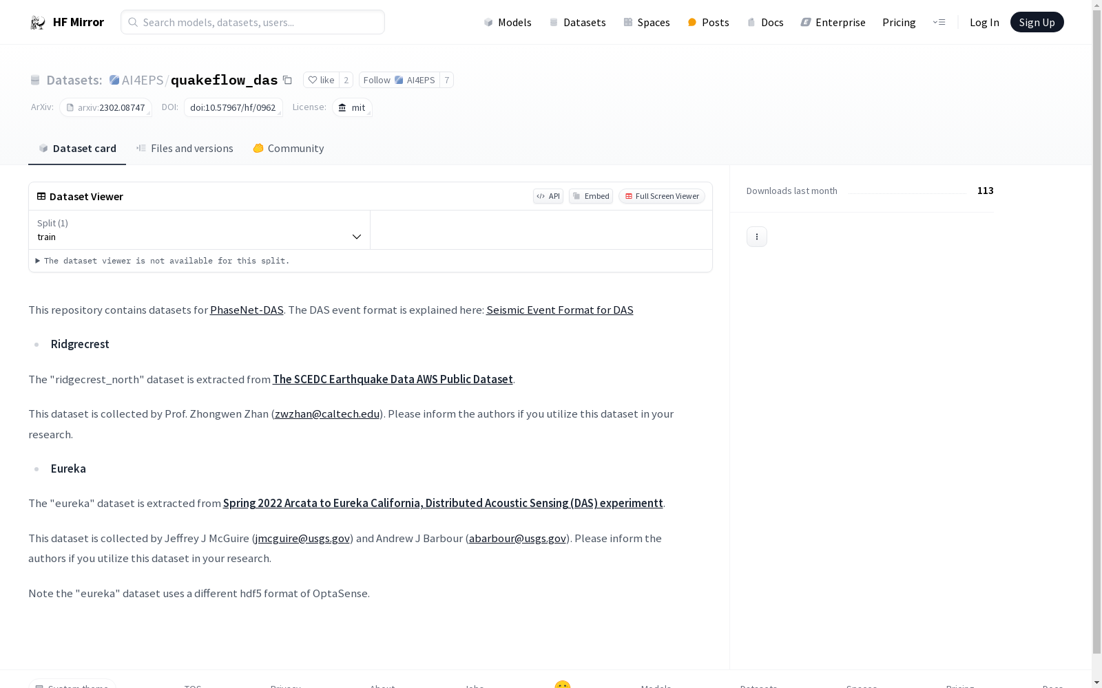 AI4EPS/quakeflow_das|地震事件检测数据集|分布式声学传感数据集