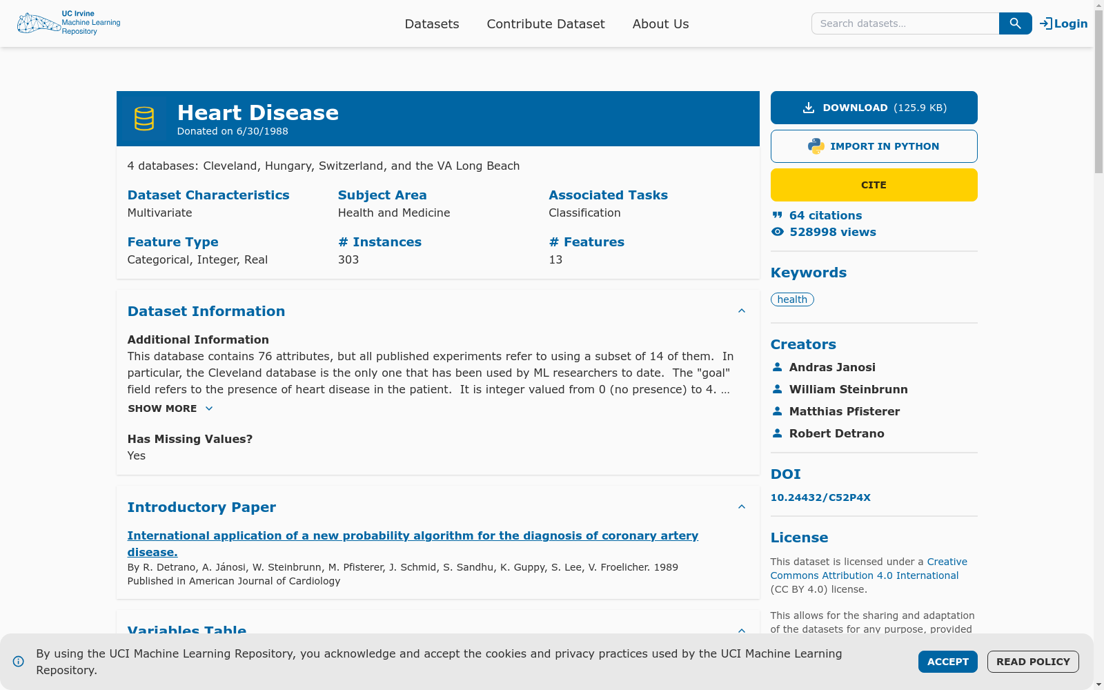 UCI Machine Learning Repository: Heart Disease Data Set|心脏病数据集|机器学习数据集