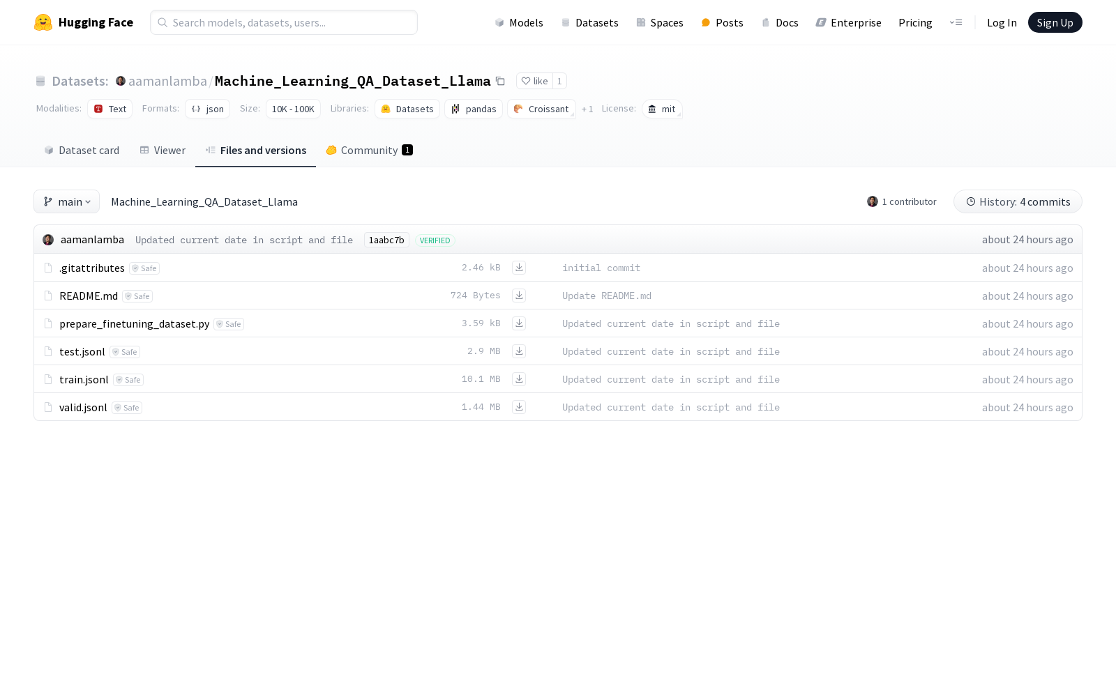 发布 Machine_Learning_QA_Dataset_Llama 数据集, 应用在 机器学习、问答系统 领域
