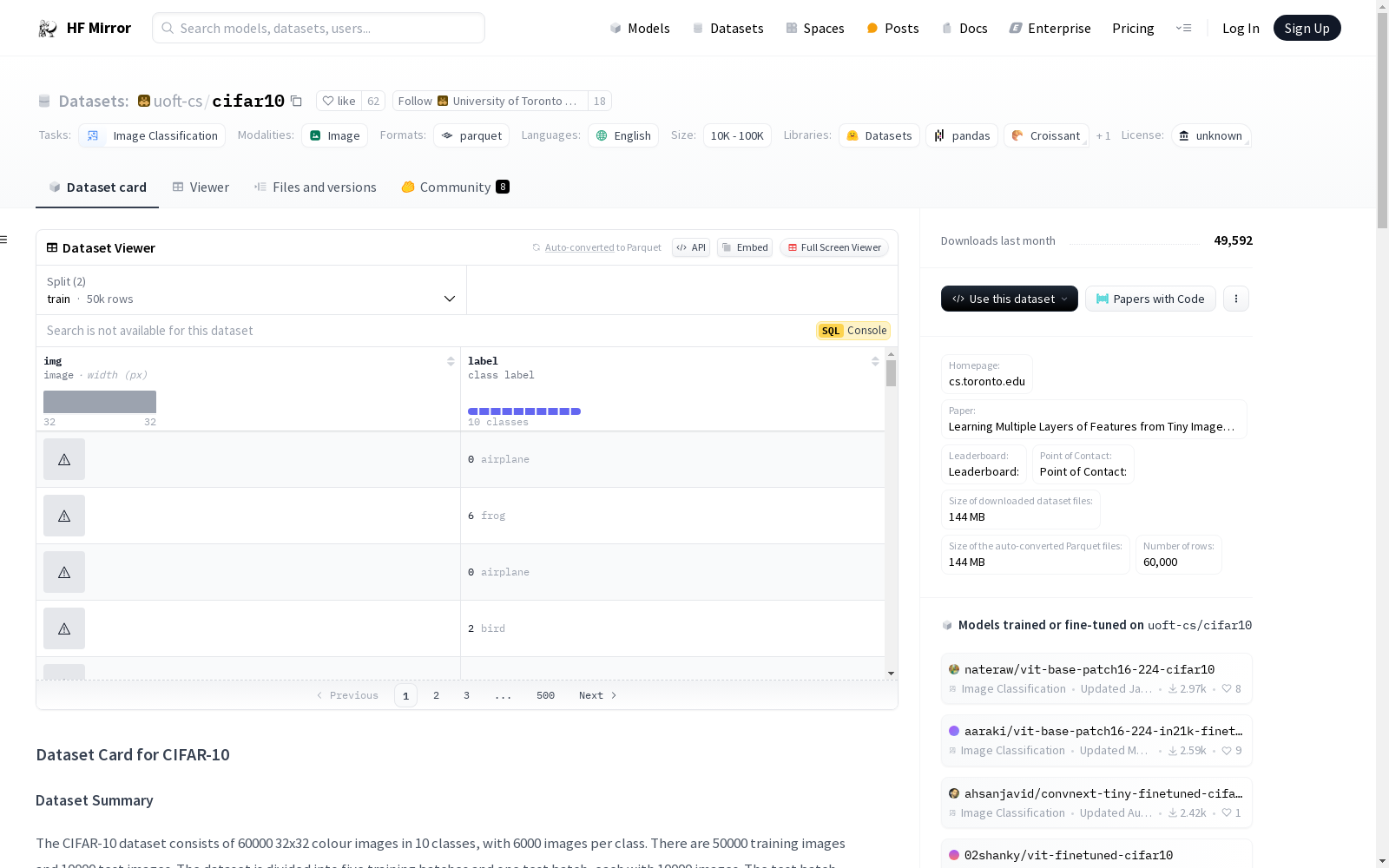 uoft-cs/cifar10|图像分类数据集|机器学习数据集