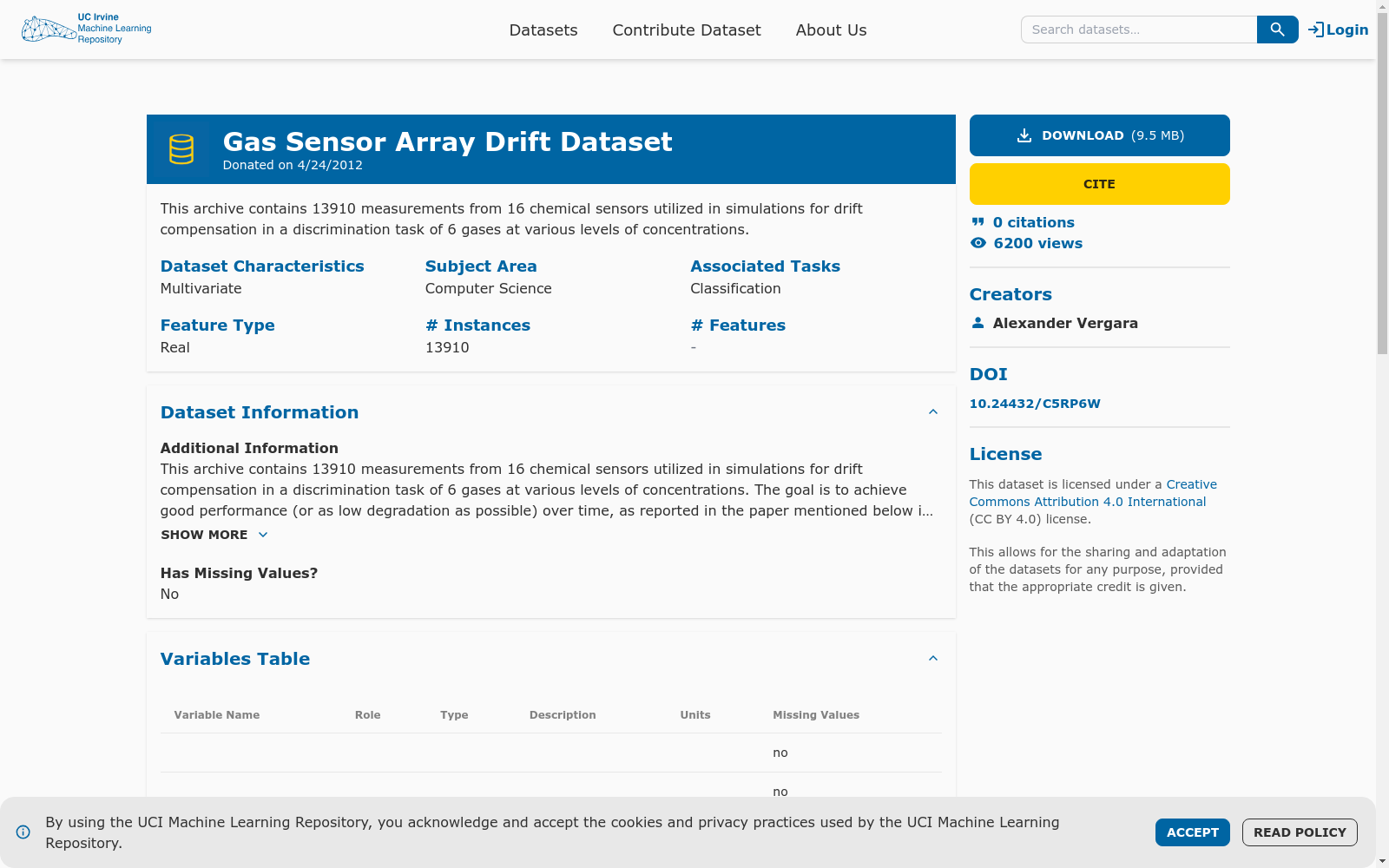 Uci Machine Learning Repository Gas Sensor Array Drift Dataset气体传感器数据集漂移校正数据集