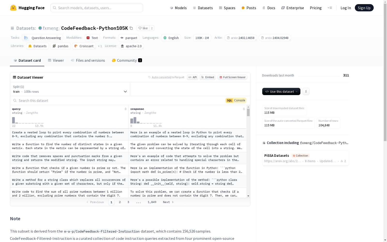 CodeFeedback-Python105K|Python编程数据集|问答任务数据集