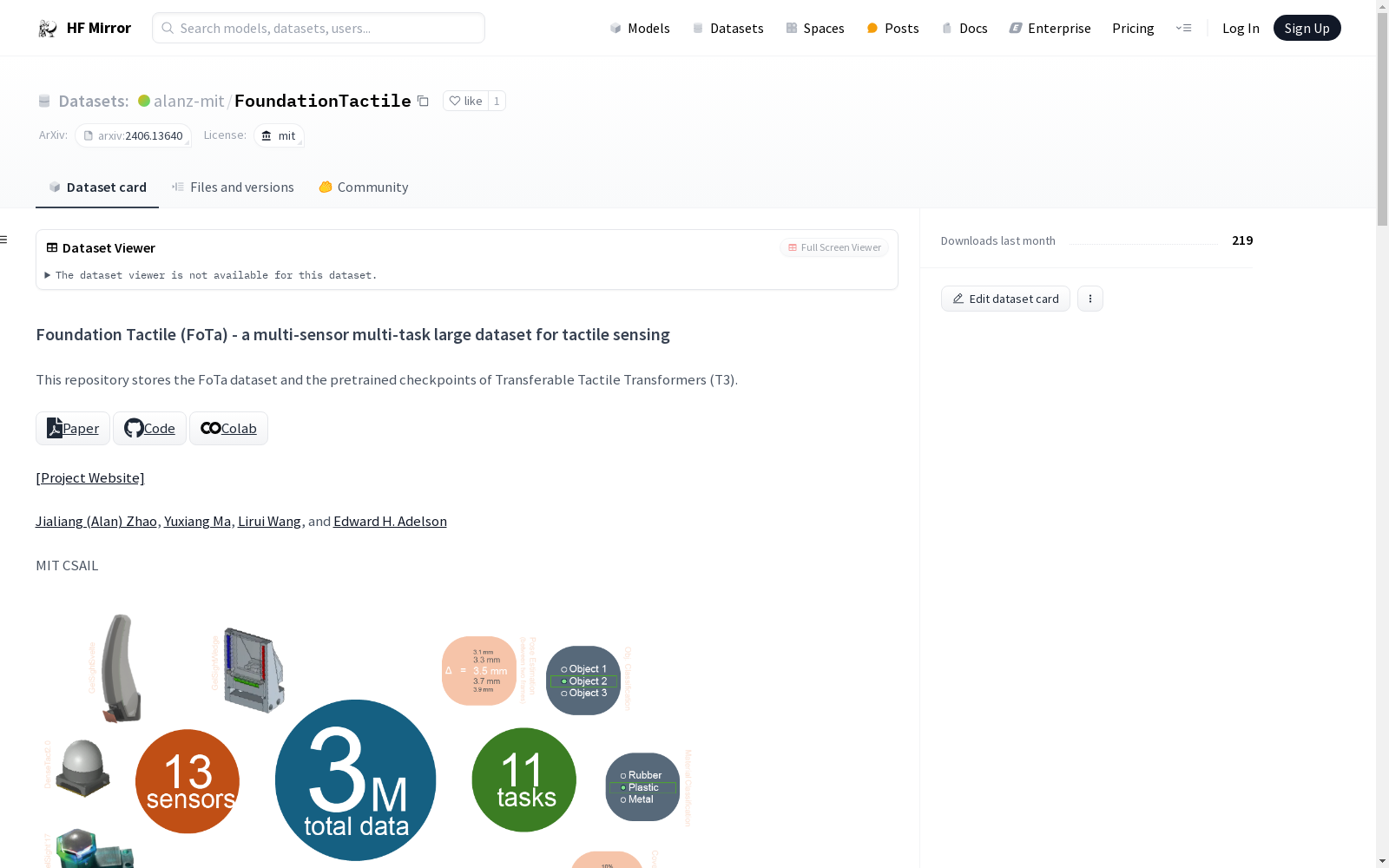 alanz-mit/FoundationTactile|触觉感知数据集|机器学习数据集