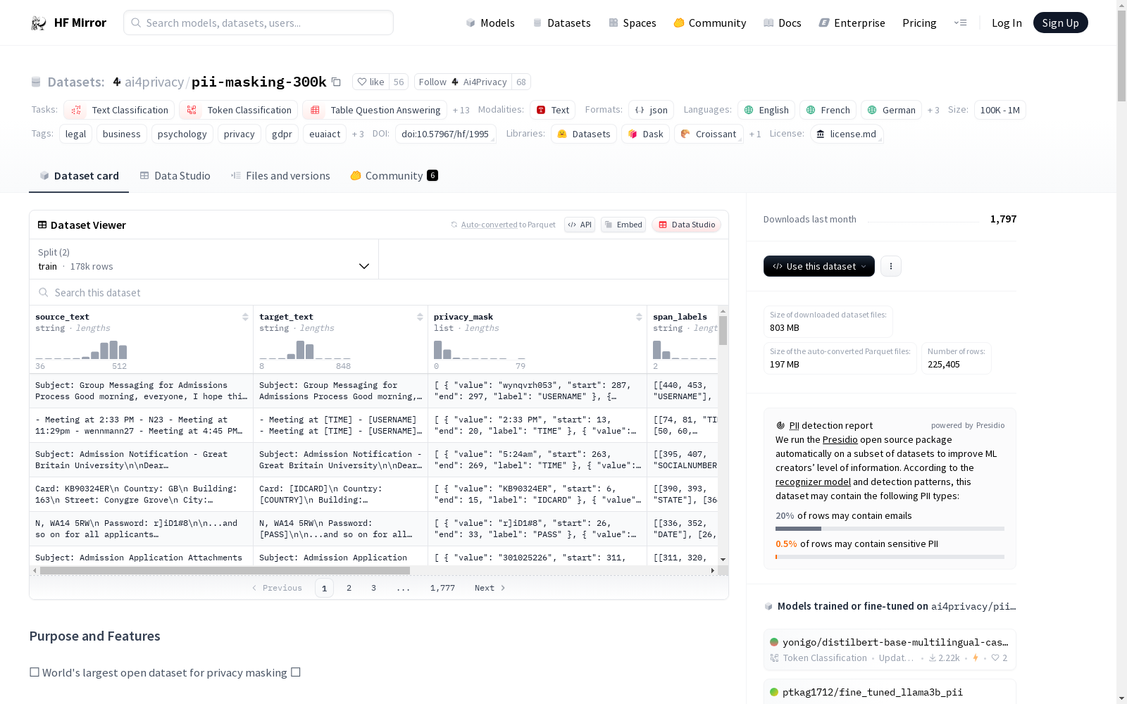 ai4privacy/pii-masking-300k|隐私保护数据集|数据掩码数据集