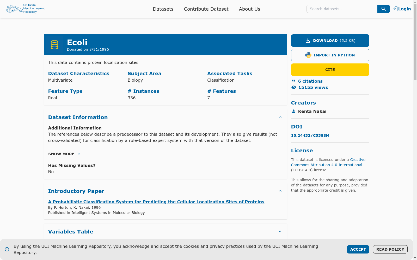 UCI Machine Learning Repository: Ecoli|生物信息学数据集|基因表达数据集