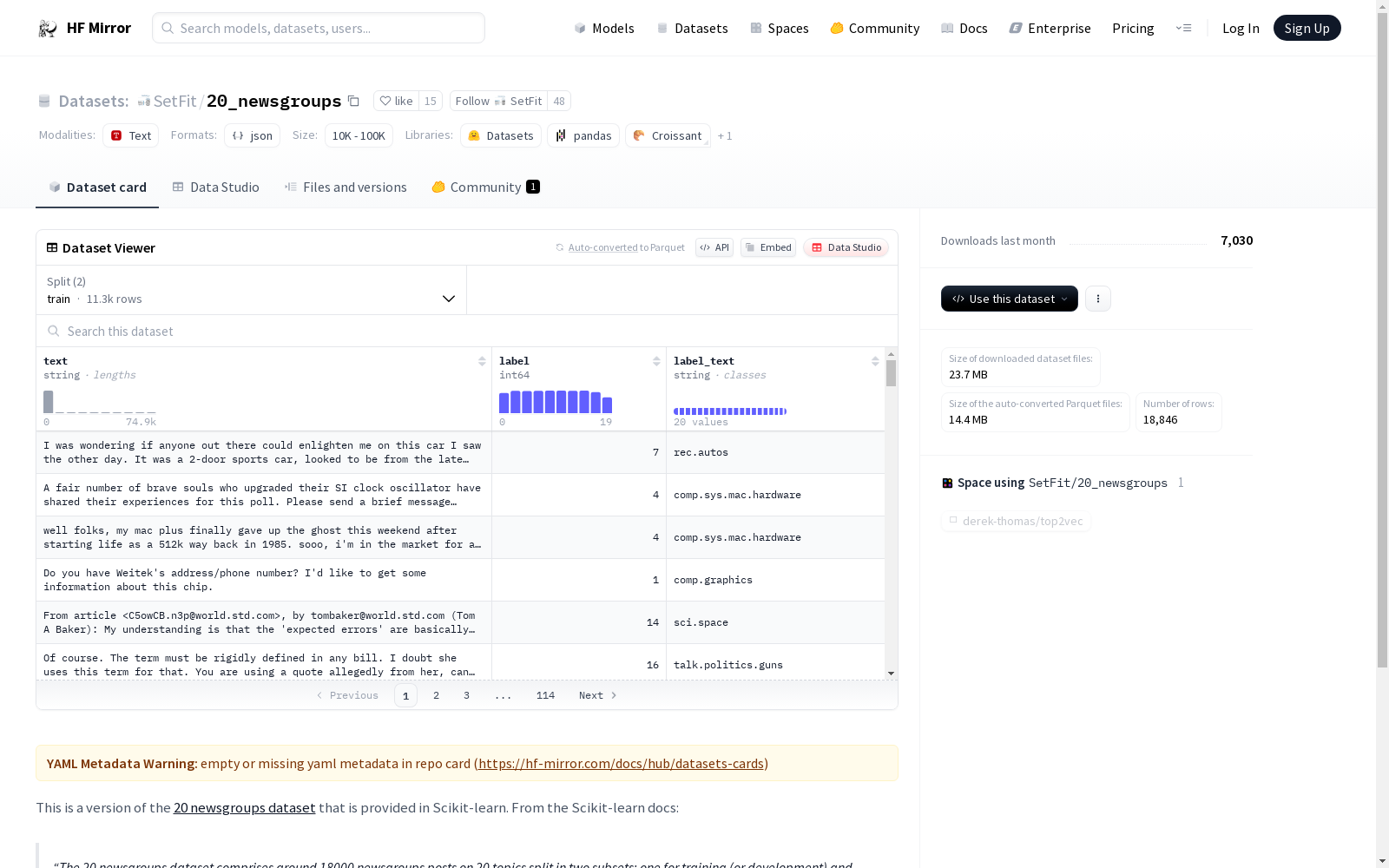 SetFit/20_newsgroups|文本分类数据集|自然语言处理数据集