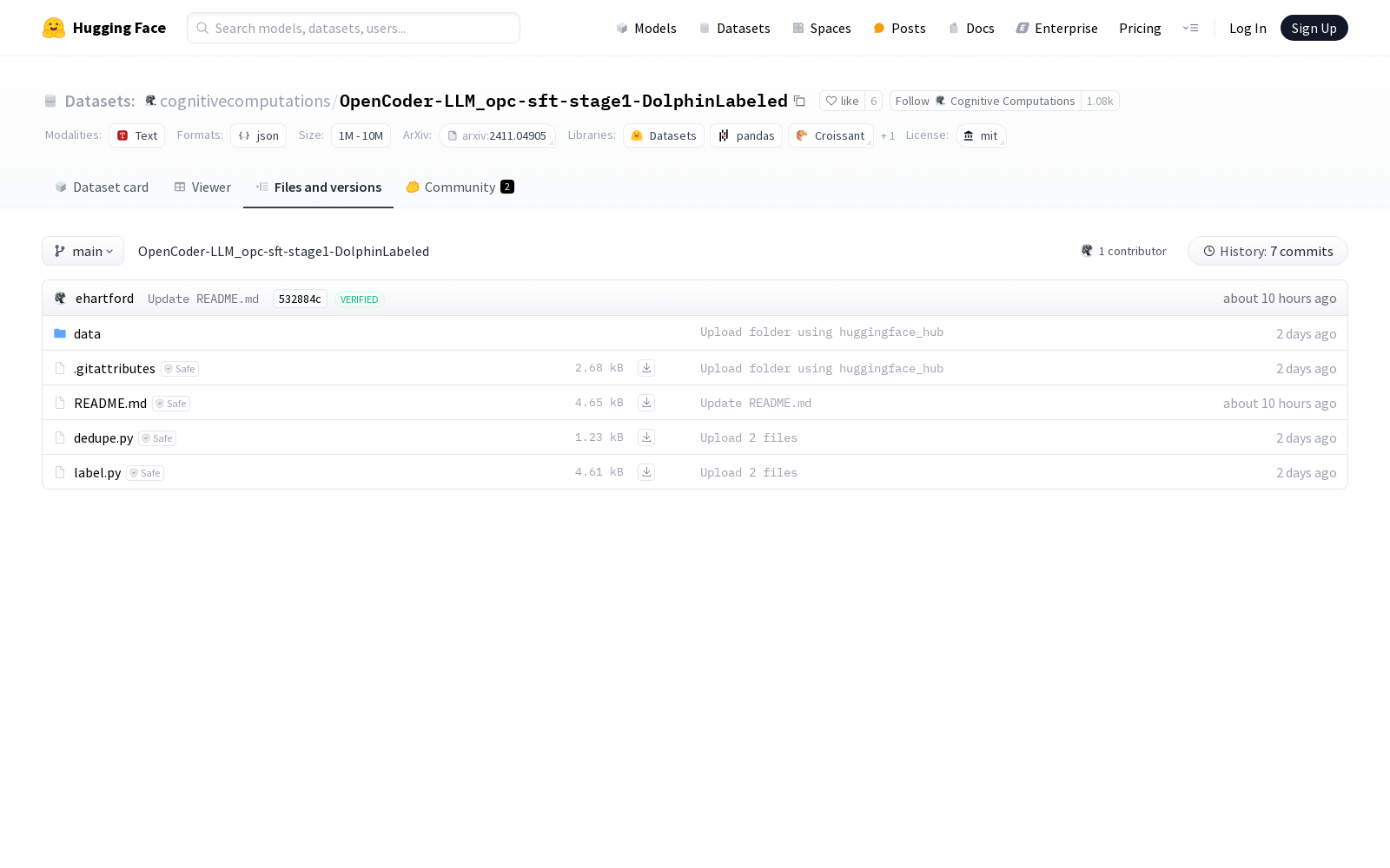 Cognitive Computations 发布 Opencoder Llmopc Sft Stage1 Dolphinlabeled 数据集 应用在 代码生成、自然语言处理 领域