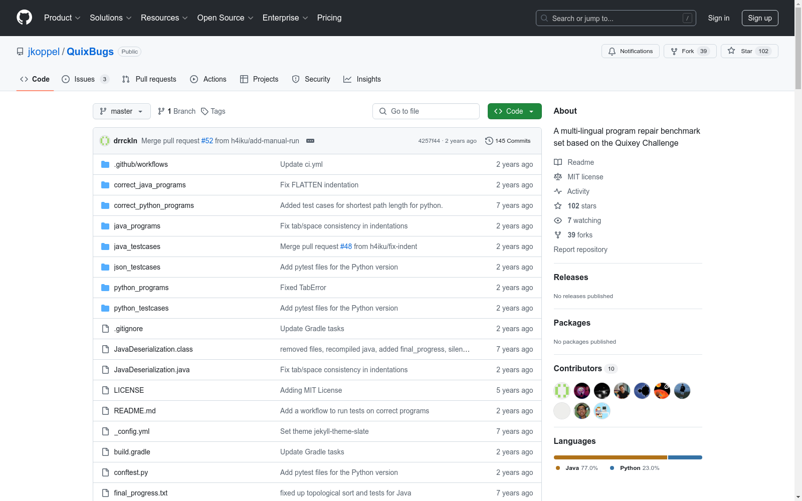 QuixBugs|编程错误检测数据集|程序修复数据集