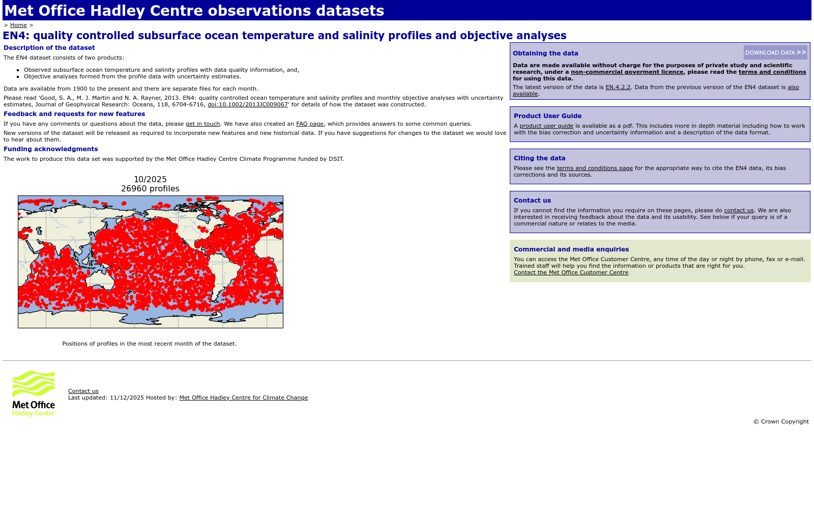 Hadley Centre EN4 Dataset version 4.2.2|海洋温度数据集|盐度数据集