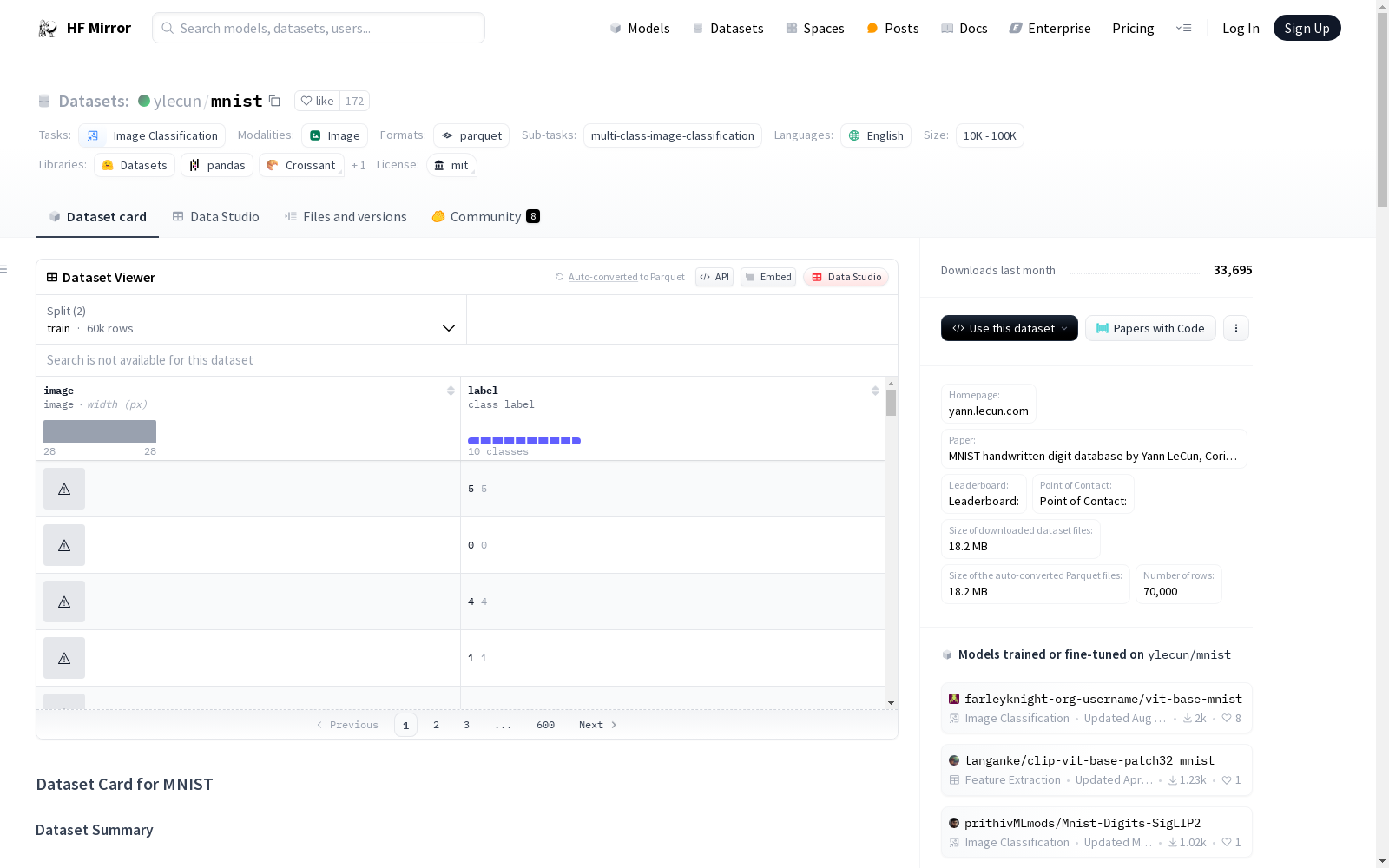 ylecun/mnist|图像分类数据集|手写数字识别数据集