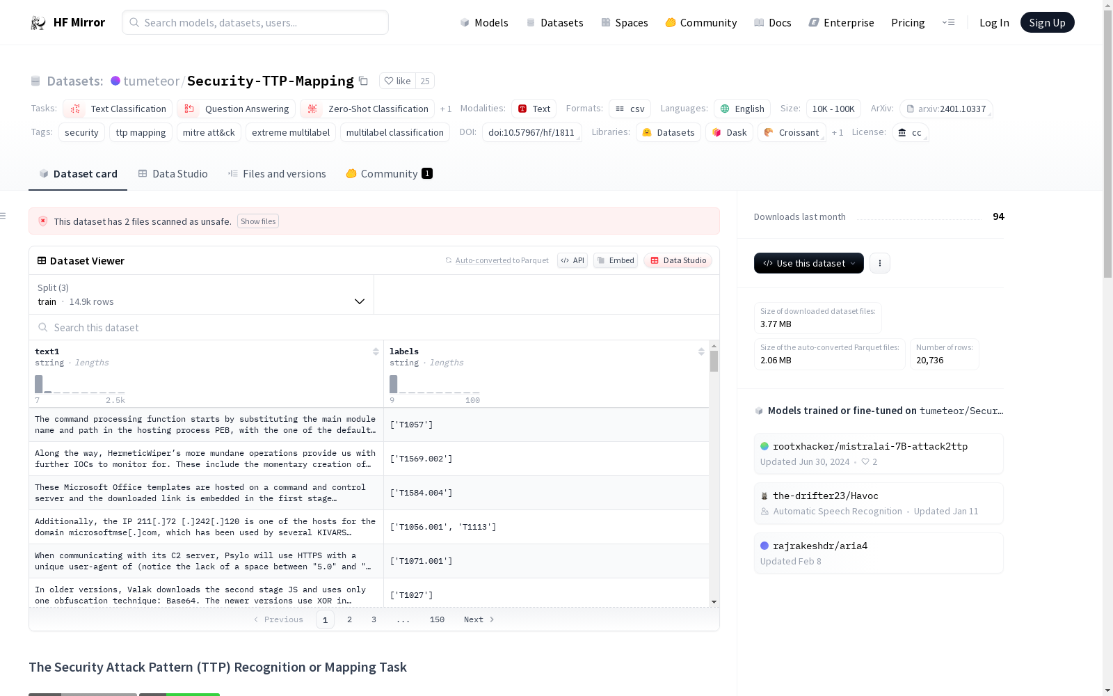 tumeteor/Security-TTP-Mapping|网络安全数据集|攻击模式识别数据集