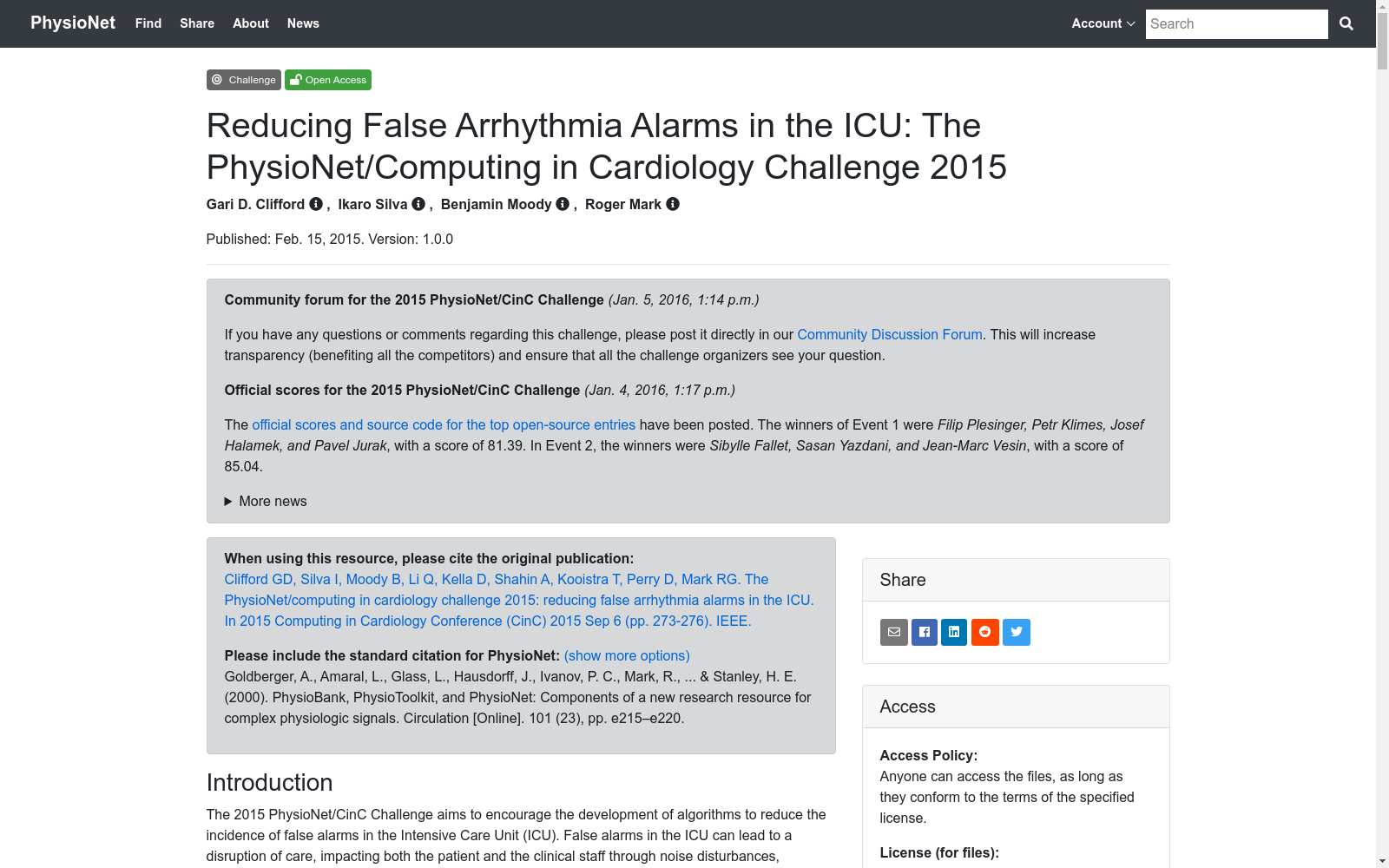 PhysioNet Computing in Cardiology Challenge 2015|心电图分析数据集|心律失常检测数据集