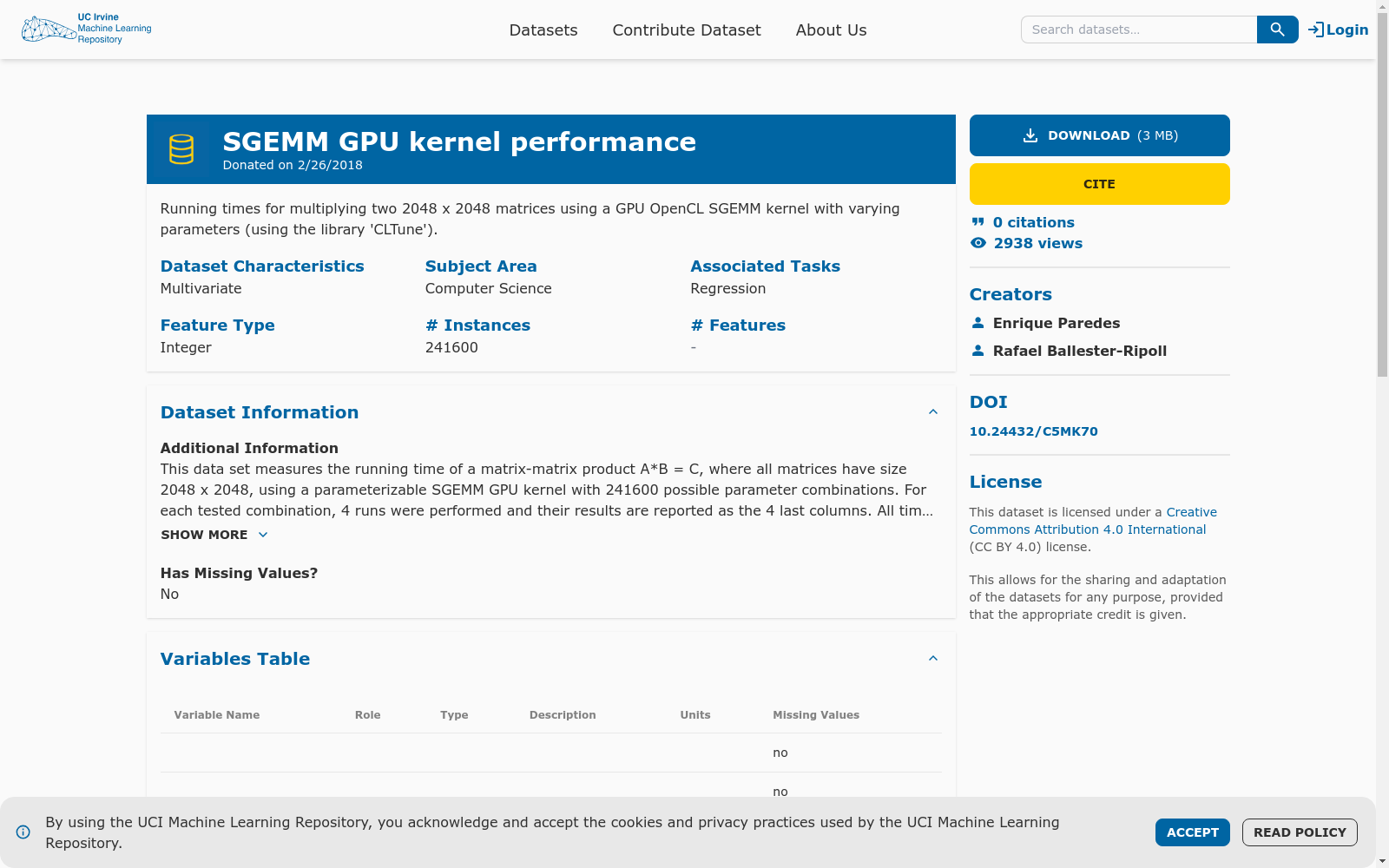 SGEMM GPU Kernel Performance|GPU性能数据集|矩阵运算数据集