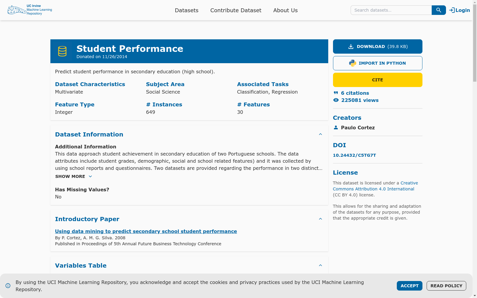 UCI Student Performance Data Set|教育评估数据集|学生表现数据集
