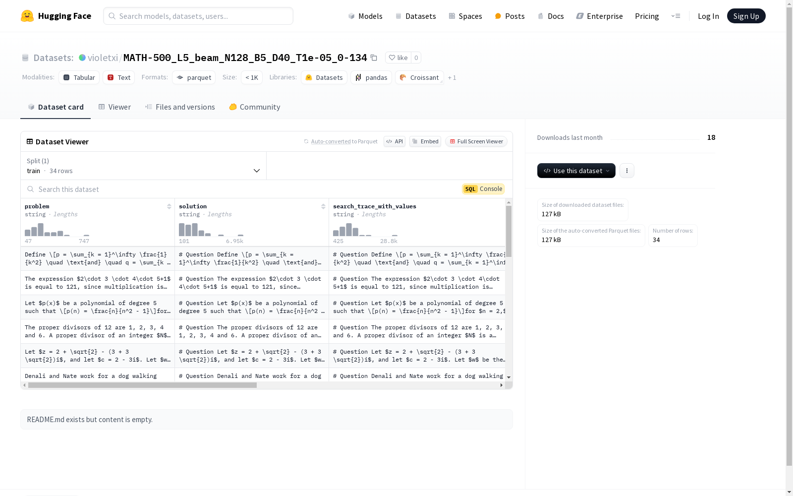 发布 MATH-500_L5_beam_N128_B5_D40_T1e-05_0-134 数据集, 应用在 算法优化、搜索问题 领域