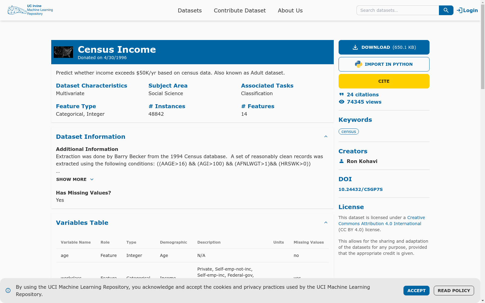 UCI Census Income Data Set|人口普查数据集|收入预测数据集