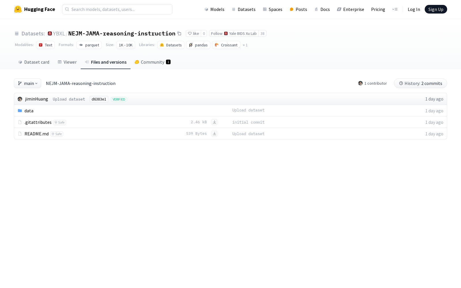 Yale BIDS Xu Lab 发布 NEJM-JAMA-reasoning-instruction 数据集, 应用在 医学推理、自然语言处理 领域