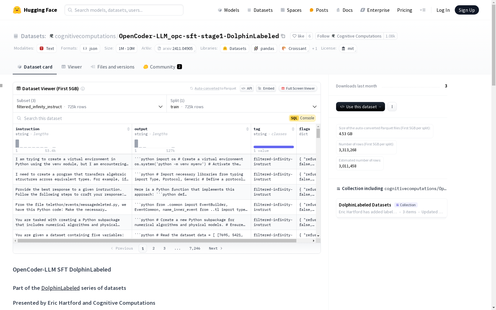 Cognitive Computations 发布 Opencoder Llmopc Sft Stage1 Dolphinlabeled 数据集 应用在 代码生成、自然语言处理 领域