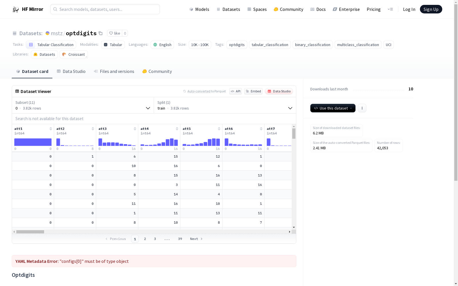 mstz/optdigits|手写数字识别数据集|机器学习数据集