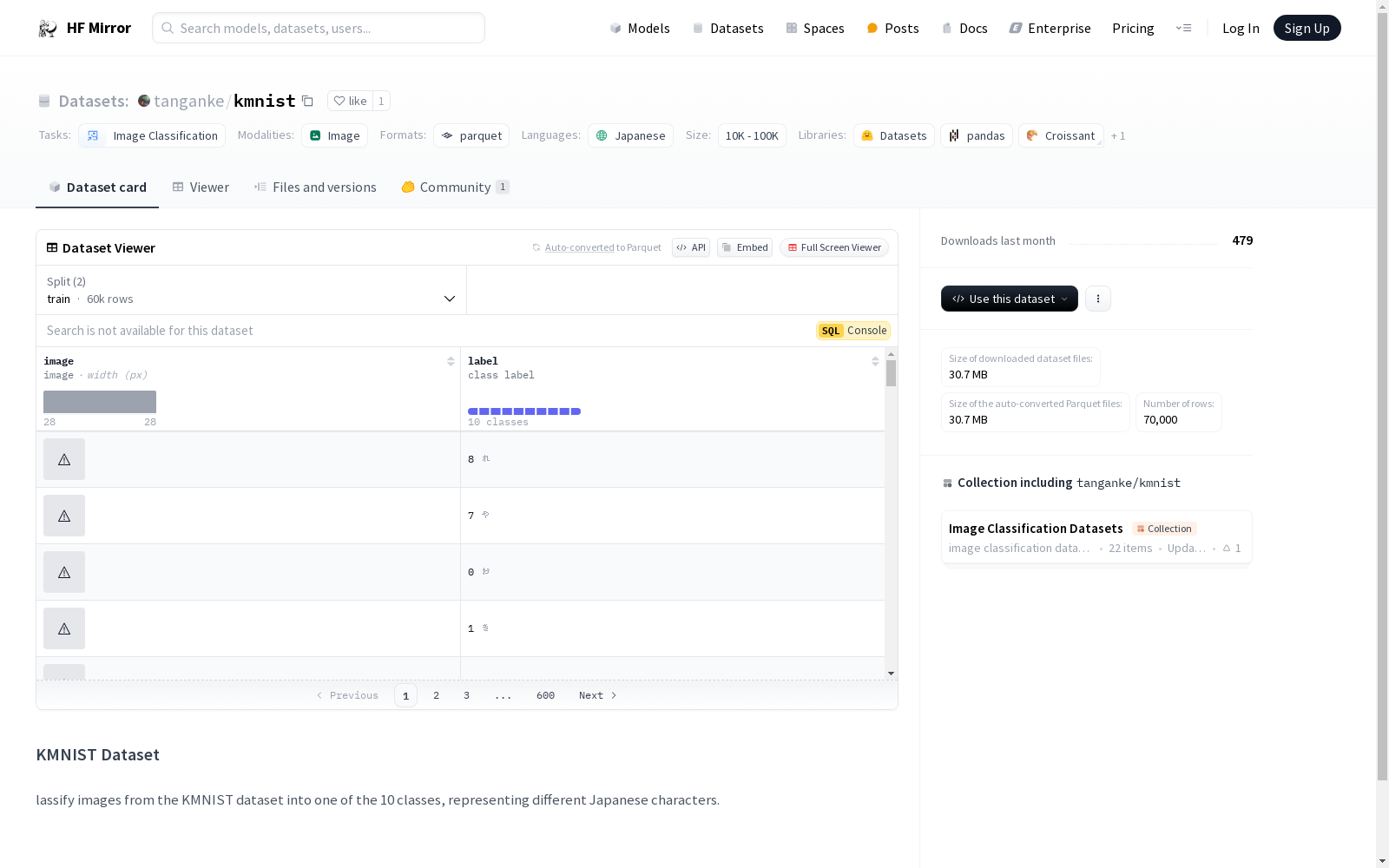 tanganke/kmnist|图像分类数据集|日本字符识别数据集