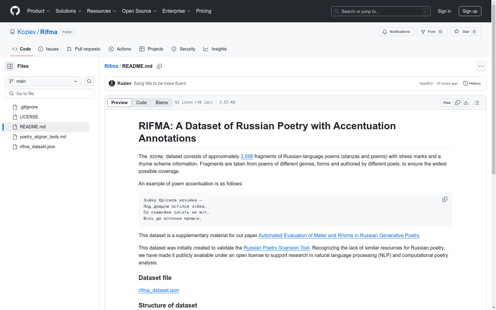 不详 发布 RIFMA 数据集, 应用在 俄罗斯诗歌、自然语言处理 领域