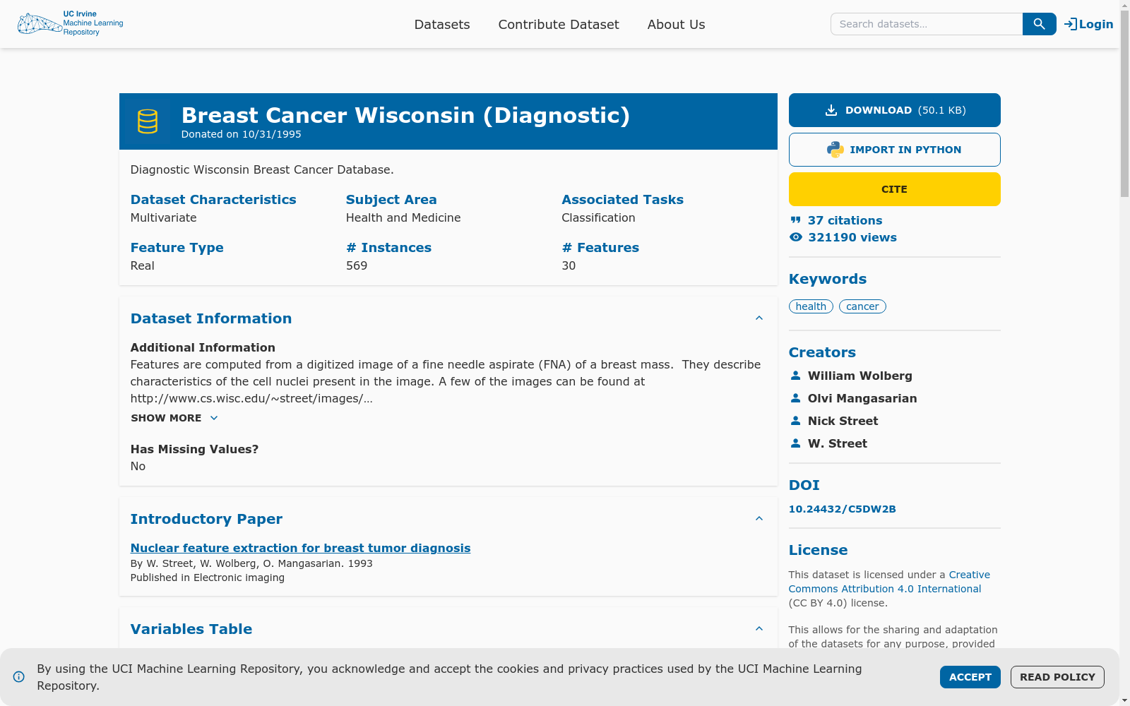 UCI Machine Learning Repository: Breast Cancer Wisconsin (Diagnostic ...