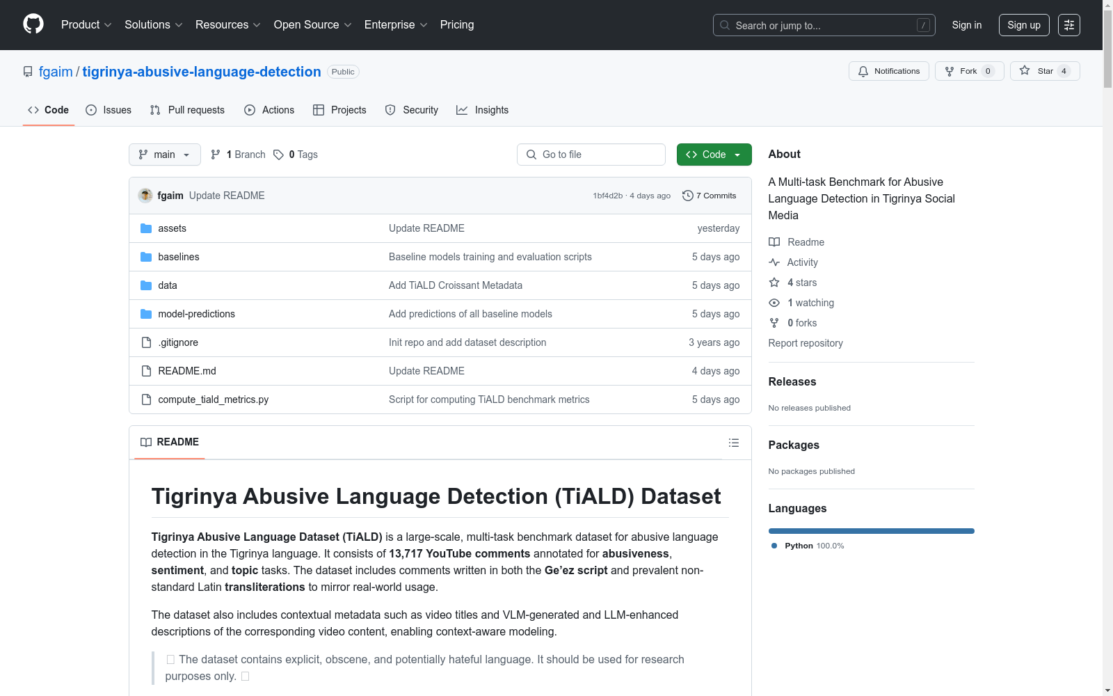 Tigrinya Abusive Language Detection (TiALD) Dataset|滥用语言检测数据集|自然语言处理数据集