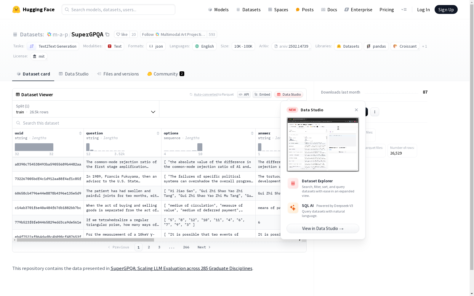 Multimodal Art Projection 发布 SuperGPQA 数据集, 应用在 自然语言处理、机器学习评估 领域