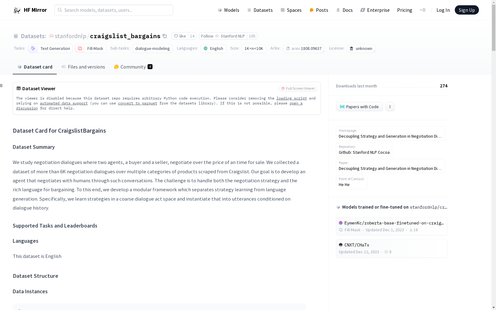 stanfordnlp/craigslist_bargains|谈判对话数据集|电子商务数据集