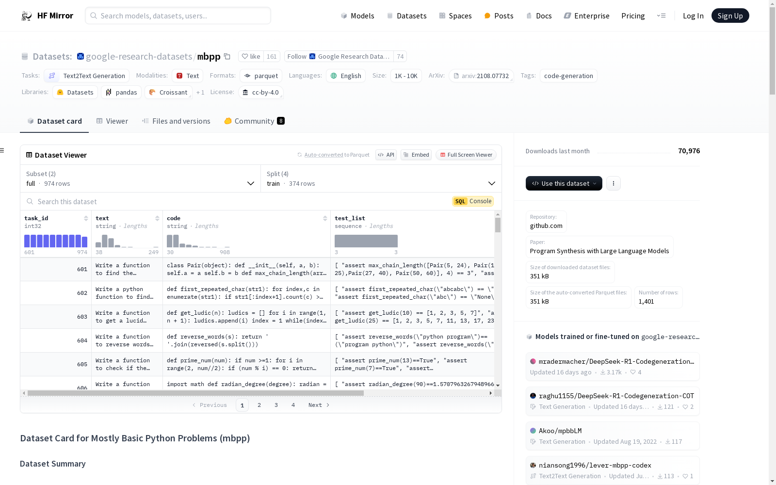 google-research-datasets/mbpp|Python编程数据集|代码生成数据集