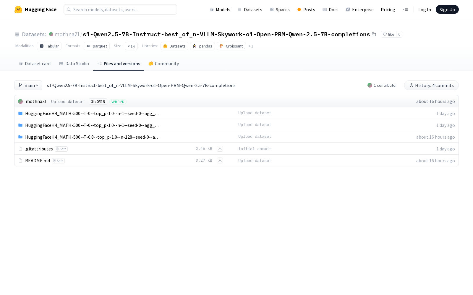 发布 s1-Qwen2.5-7B-Instruct-best_of_n-VLLM-Skywork-o1-Open-PRM-Qwen-2.5-7B-completions 数据集, 应用在 数学 ...
