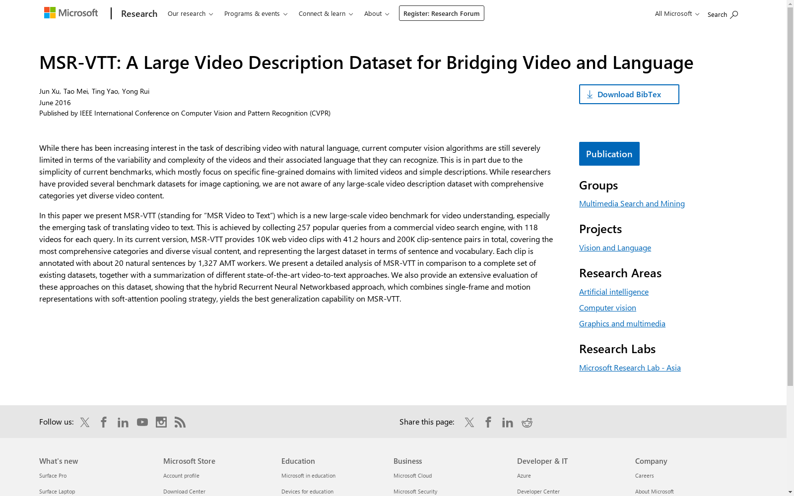 MSR-VTT (Microsoft Research Video to Text)|视频描述数据集|视频检索数据集