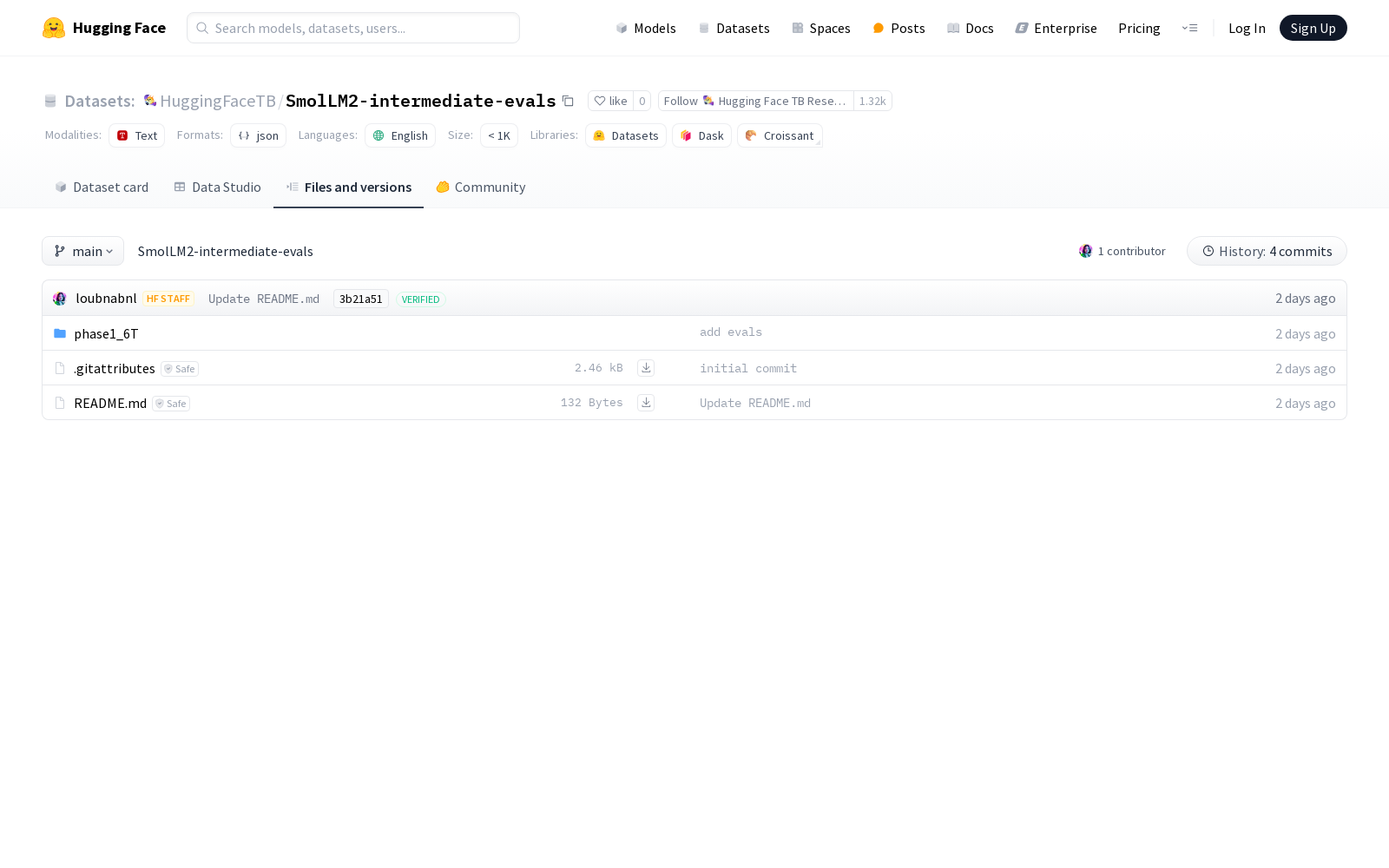 Hugging Face TB Research 发布 SmolLM2-intermediate-evals 数据集, 应用在 自然语言处理、模型评估 领域