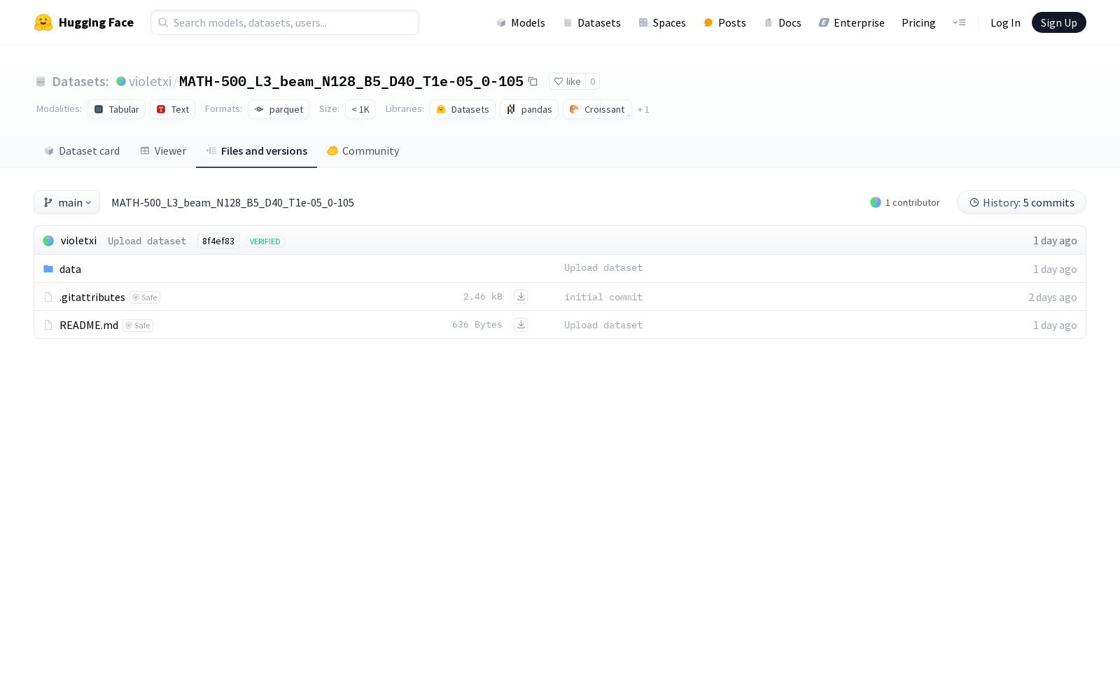 发布 MATH-500_L3_beam_N128_B5_D40_T1e-05_0-105 数据集, 应用在 数学问题解决、机器学习训练 领域
