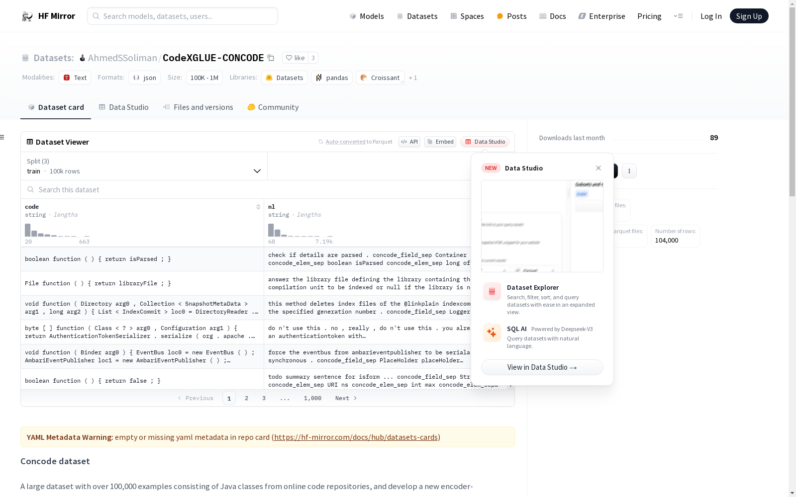 AhmedSSoliman/CodeXGLUE-CONCODE|编程语言处理数据集|代码生成数据集