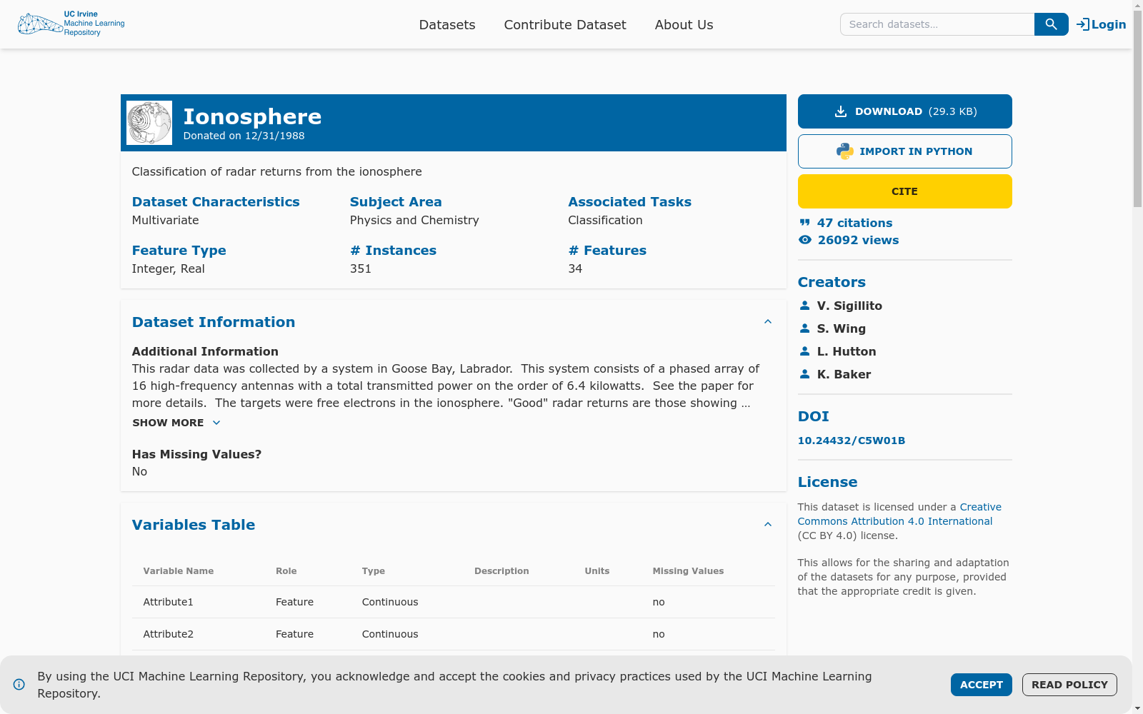 UCI Machine Learning Repository: Ionosphere Data Set|机器学习数据集|电离层数据数据集