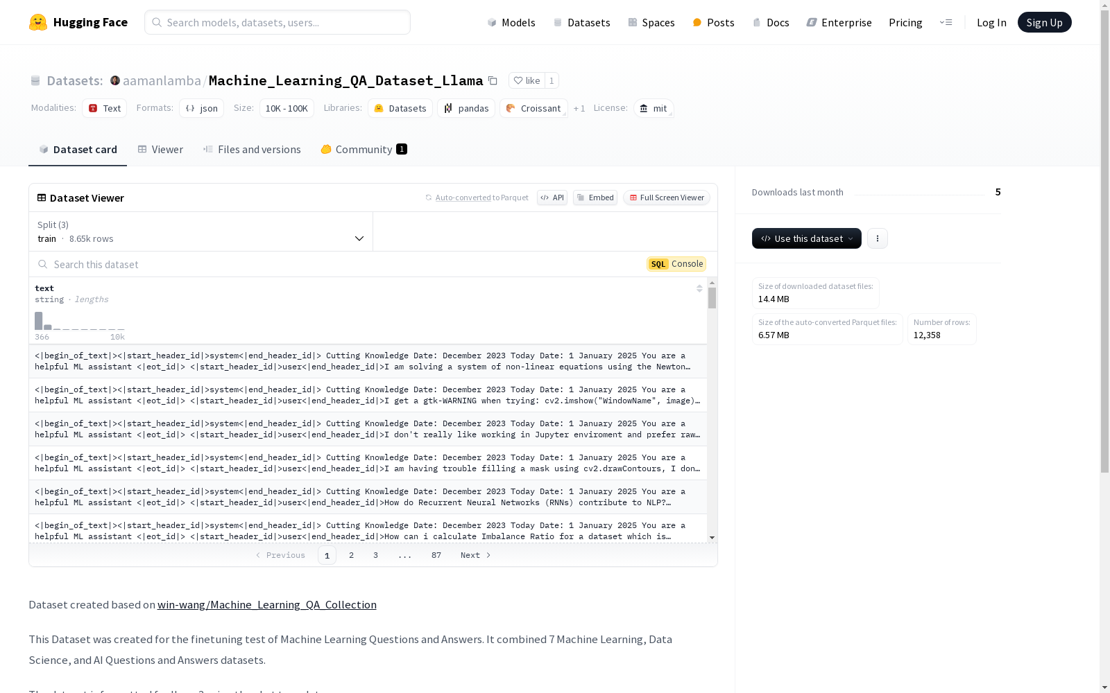 发布 Machine_Learning_QA_Dataset_Llama 数据集, 应用在 机器学习、问答系统 领域