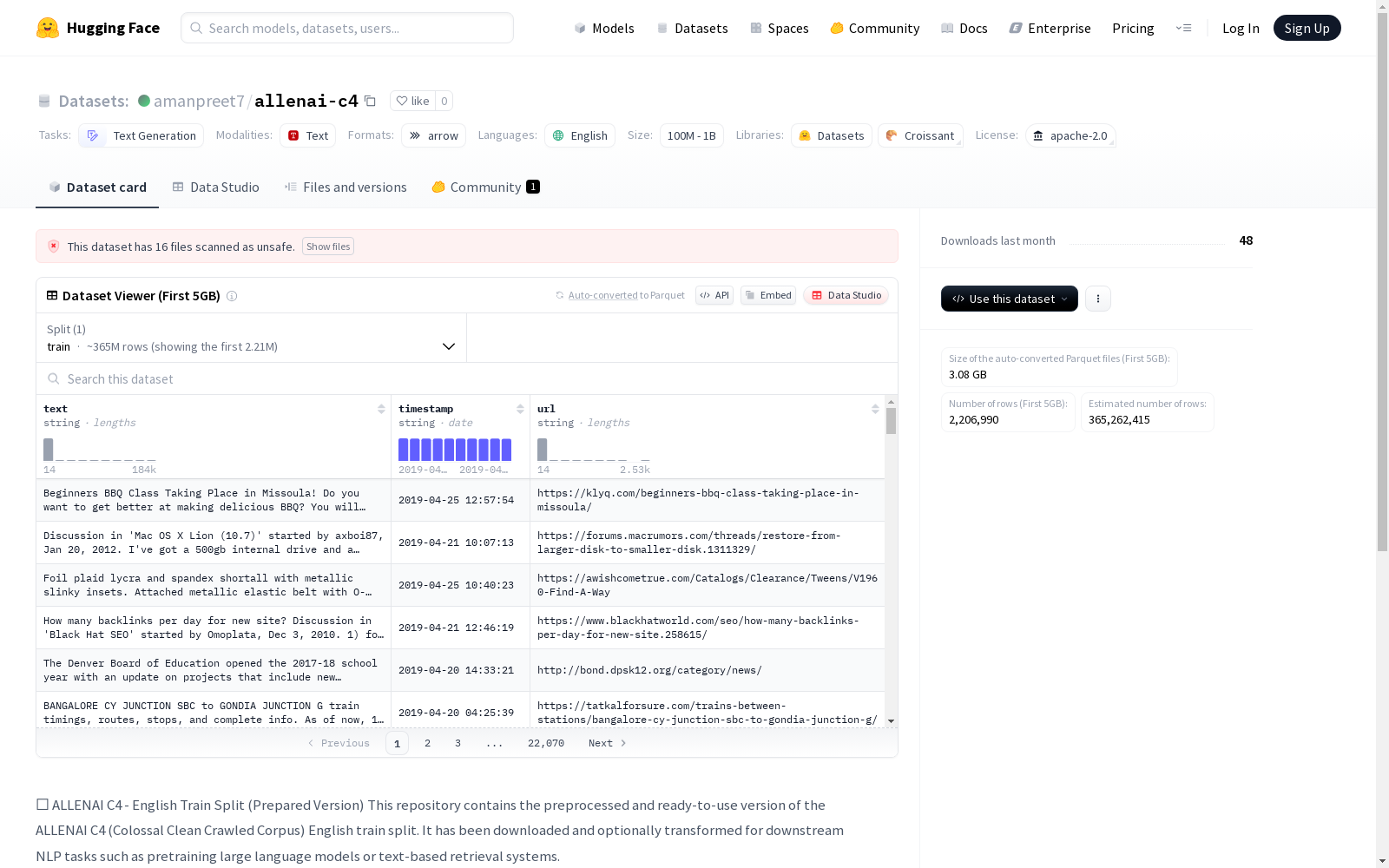 allenai-c4|自然语言处理数据集|数据预训练数据集