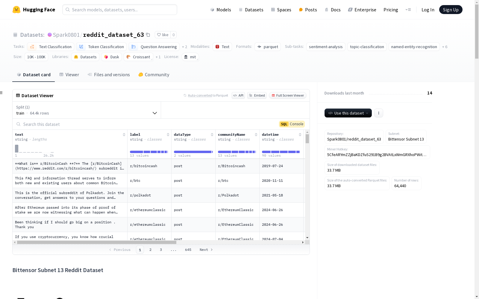 发布 reddit_dataset_63 数据集, 应用在 社交媒体分析、去中心化网络 领域