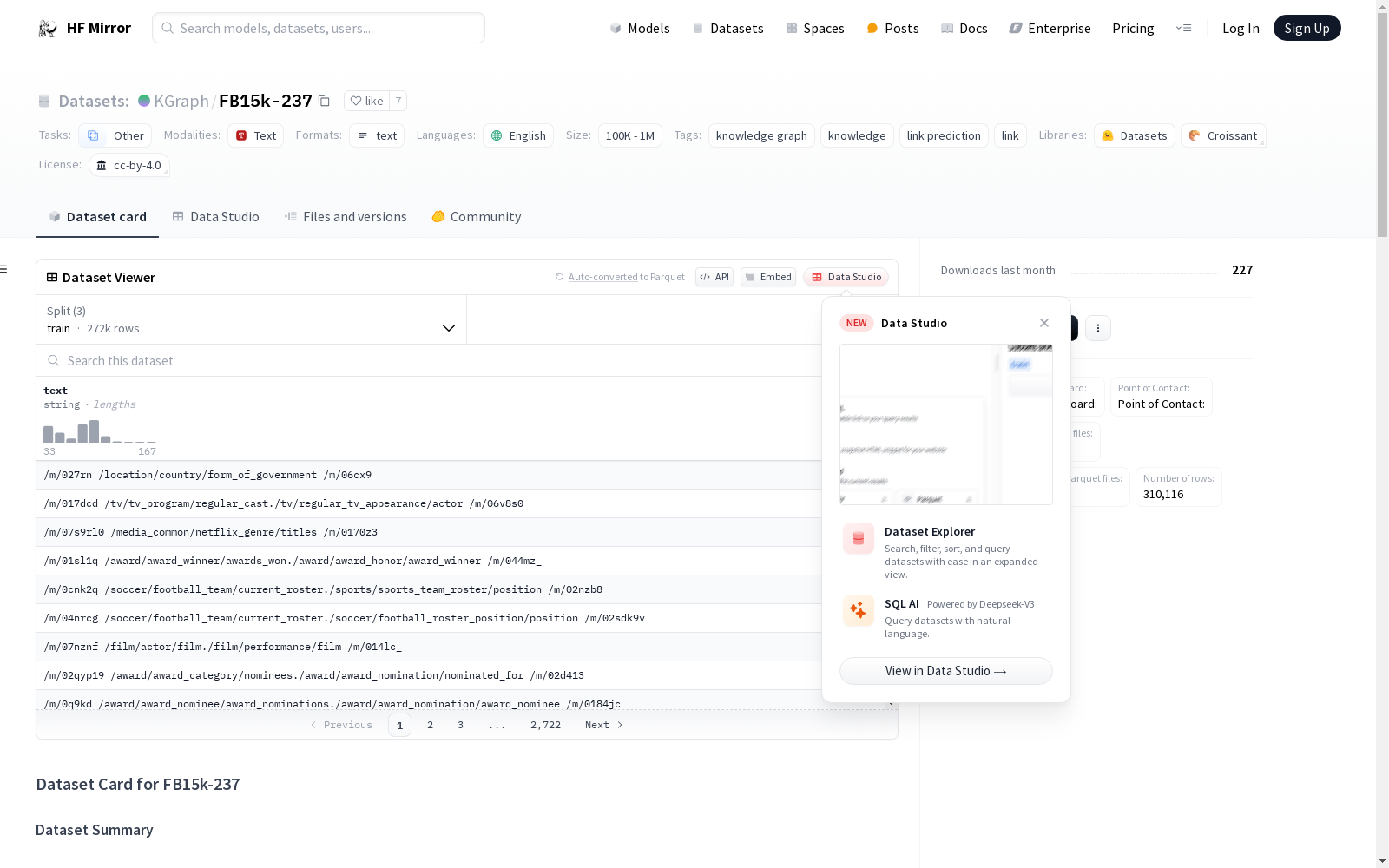 KGraph/FB15k-237|知识图谱数据集|链接预测数据集