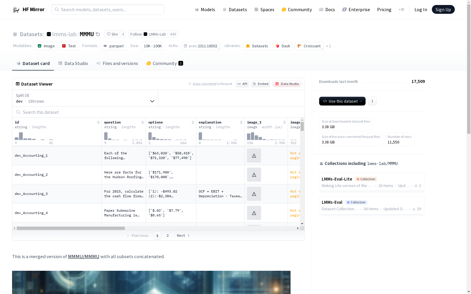 lmms-lab/MMMU|多模态模型数据集|模型评估数据集