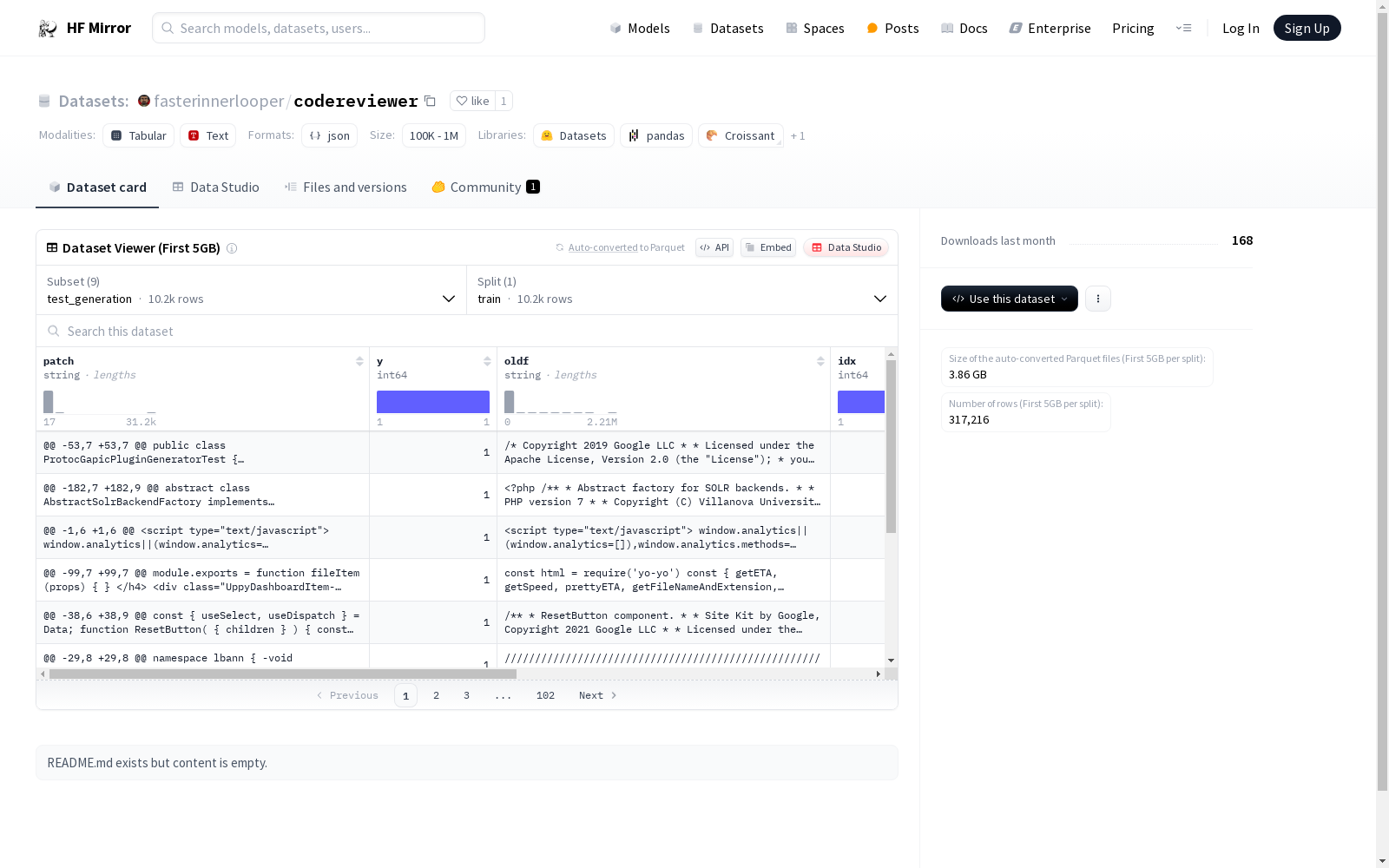 fasterinnerlooper/codereviewer|代码评审数据集|机器学习数据集