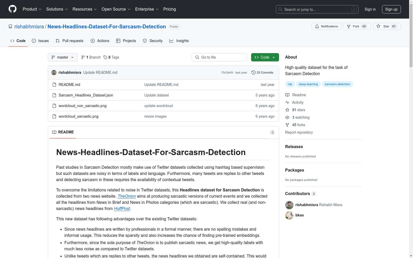 Headlines dataset for Sarcasm Detection|讽刺检测数据集|自然语言处理数据集