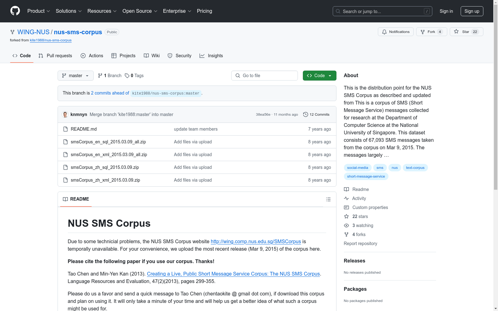 NUS SMS Corpus|短信数据数据集|语料库数据集
