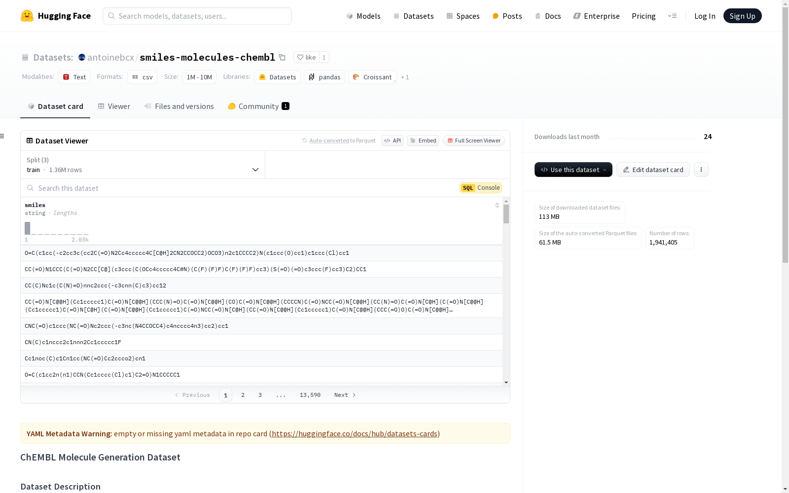 smiles-molecules-chembl|药物发现数据集|分子生成数据集