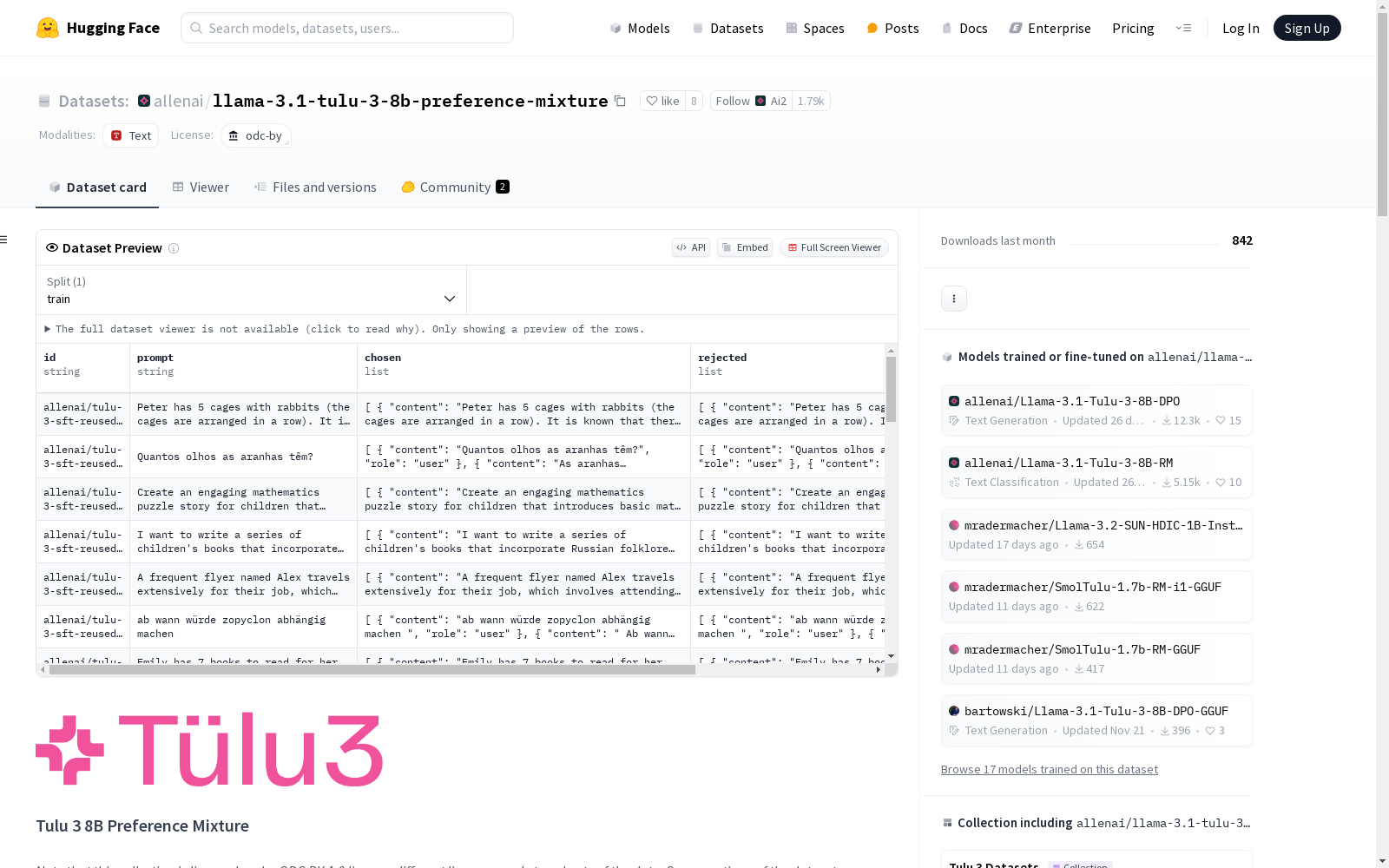 llama-3.1-tulu-3-8b-preference-mixture|模型训练数据集|偏好数据集数据集