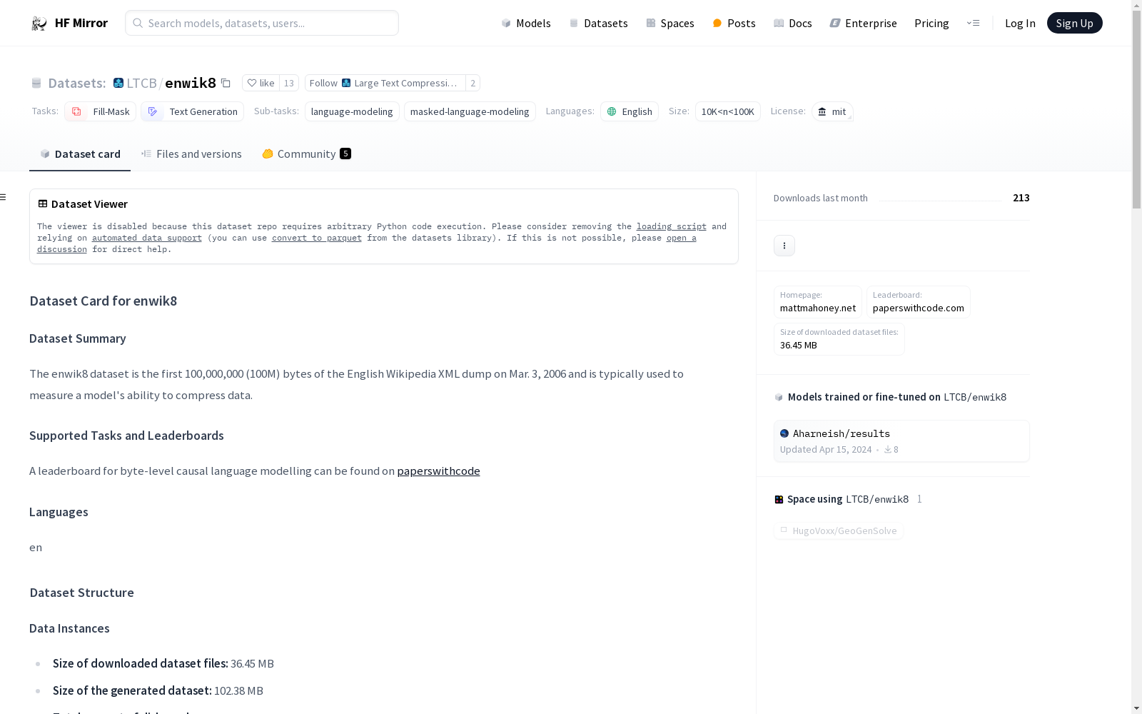 LTCB/enwik8|语言建模数据集|文本生成数据集